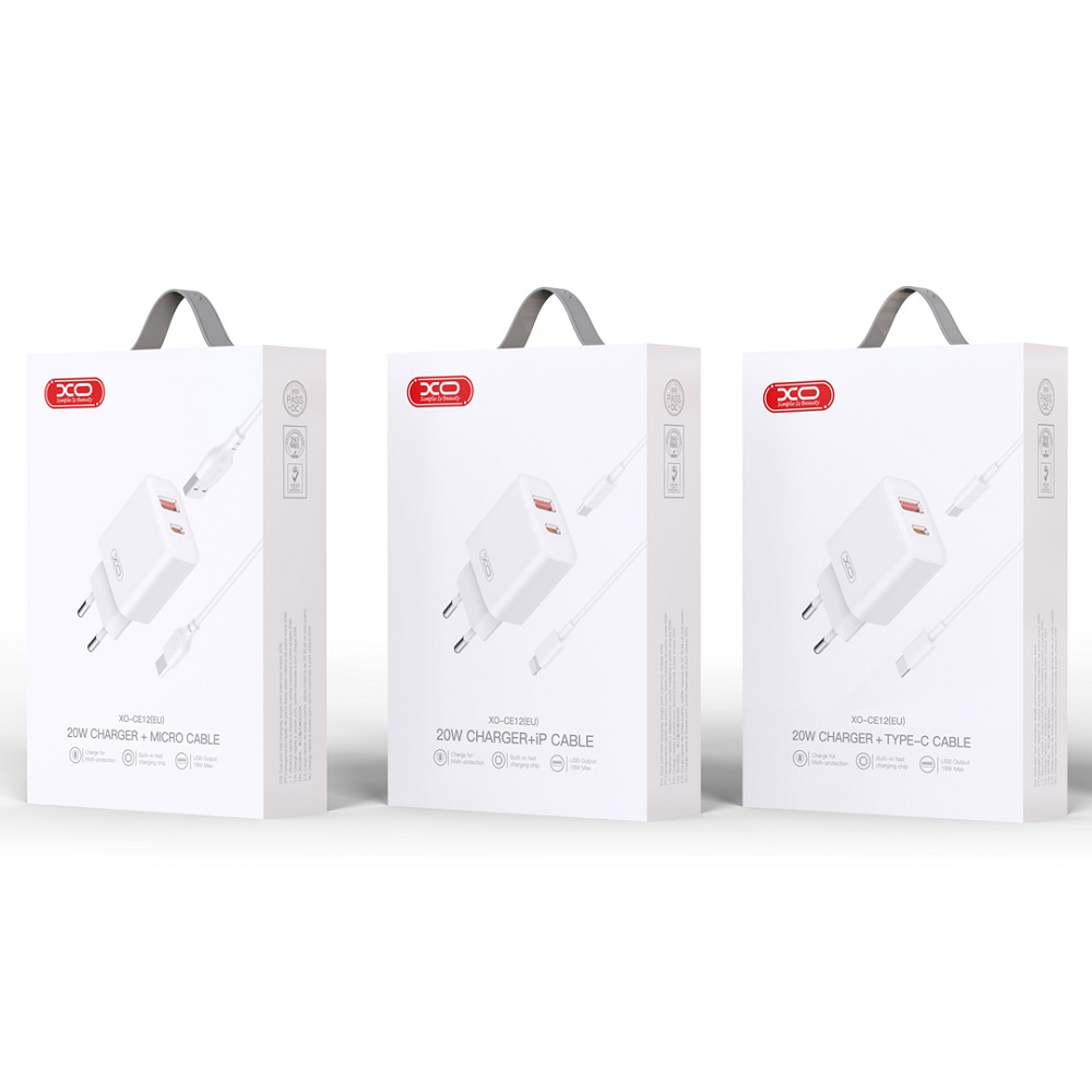 XO wall charger CE12 PD QC3.0 20W 1x USB 1x USB-C white + USB-C - Lightning cable